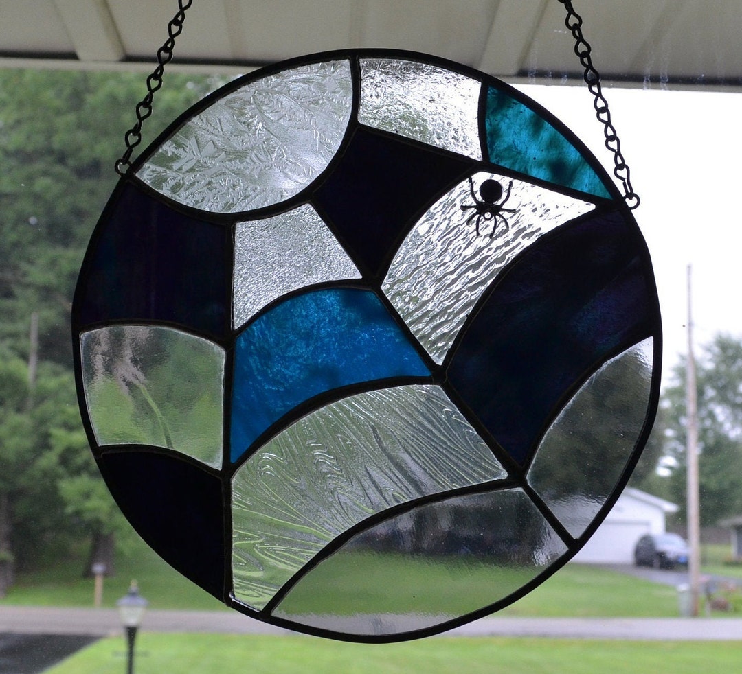 Handmade Stained Glass Panel Spider and Web Spiderweb Webs Blue Purple ...