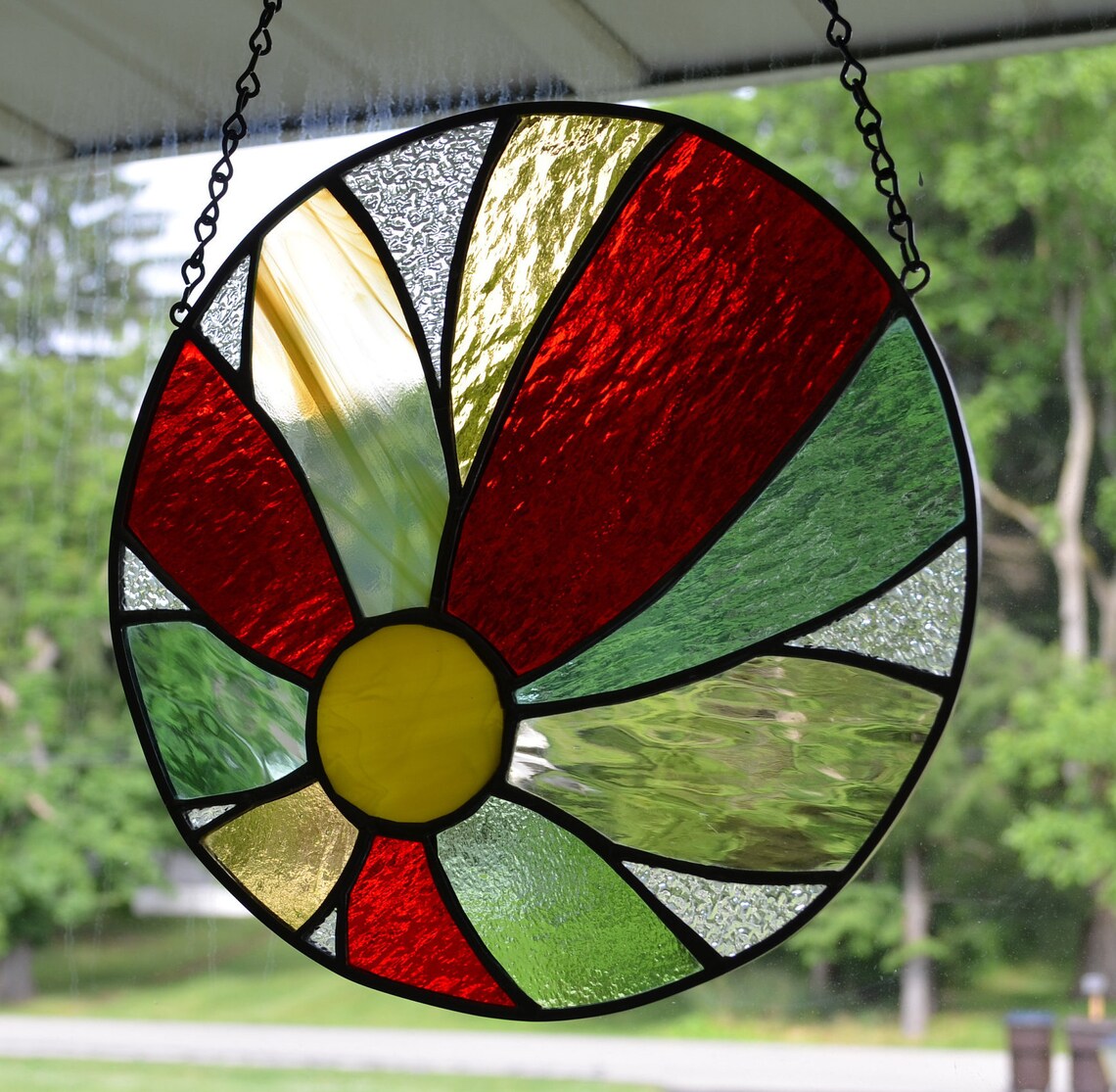 Handmade Stained Glass Abstract Flower in Red and Green Daisy - Etsy