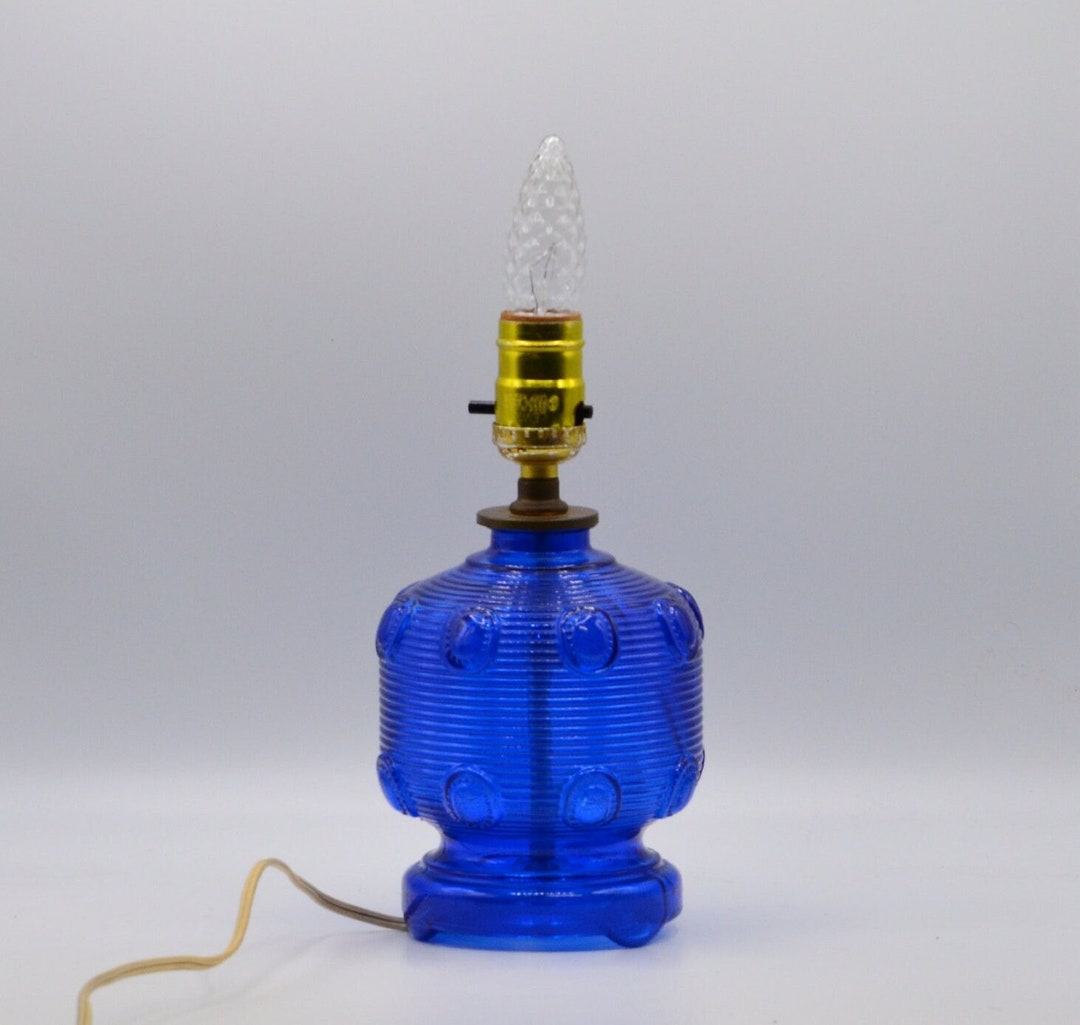 Dewey Greentown Coblat Rare Blue Glass Lamp Light Lighting Molded With ...