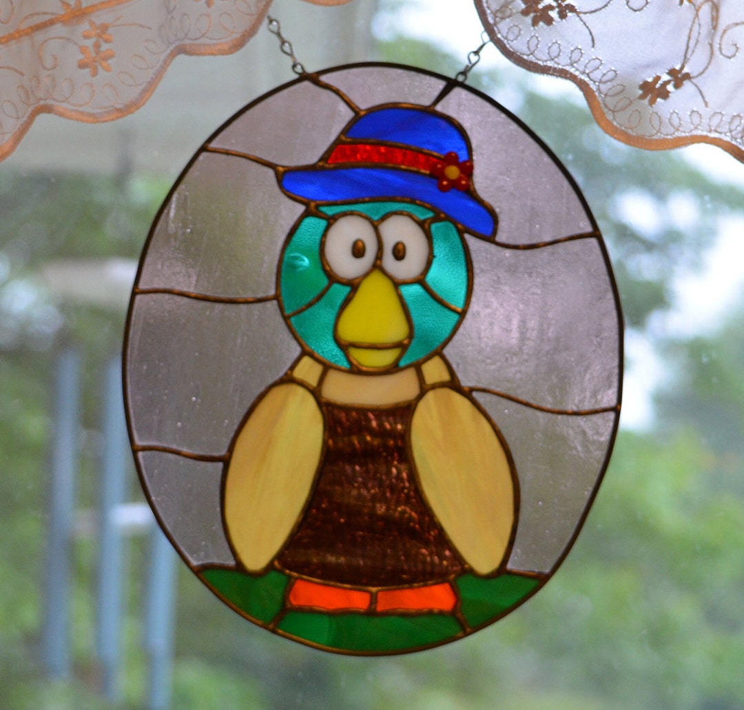 Stained Glass Duck Mallard Piece With Hat and Flower Panel Window ...