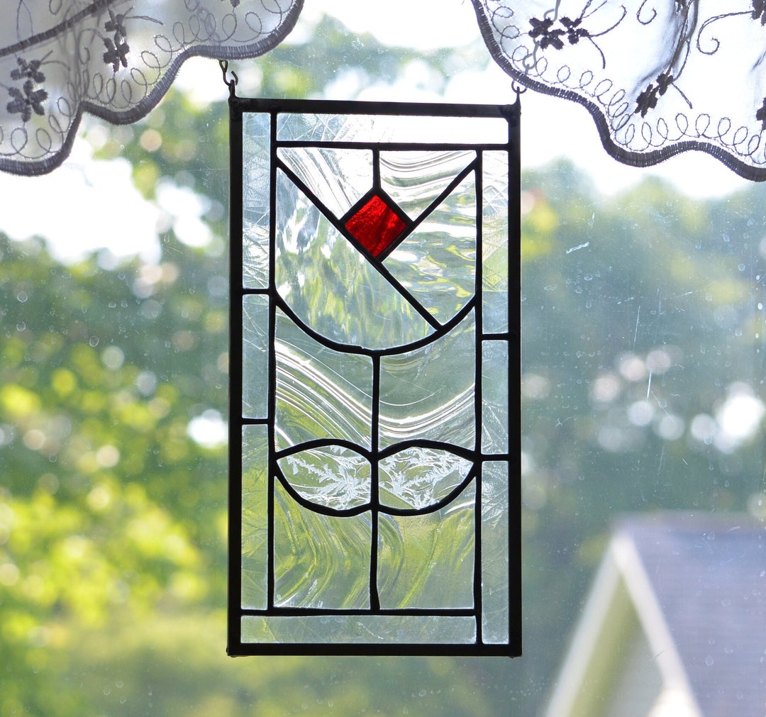 Tulip Stained Glass Panel Art Abstract Clear With Red Piston Easter ...
