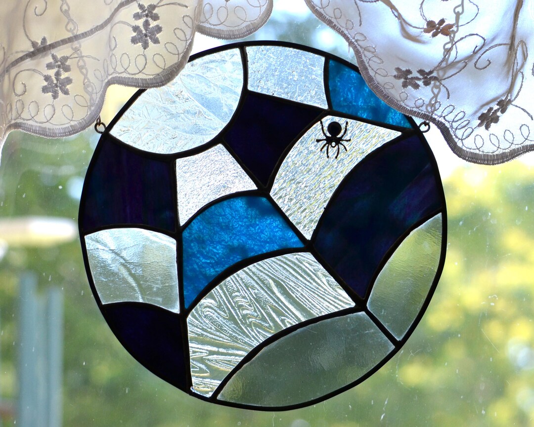 Handmade Stained Glass Panel!!! Spider and Web Spiderweb Webs Blue ...
