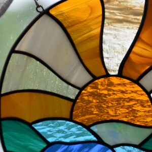 Ocean Stained Glass Panel Handmade Sun Sunrise Sunset Over Ocean Beach ...