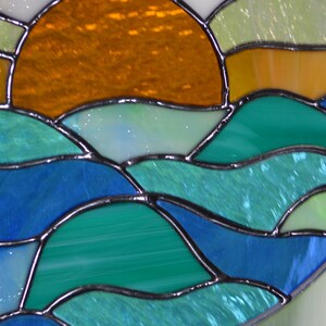 Ocean Stained Glass Panel Handmade Sun Sunrise Sunset Over Ocean Beach ...