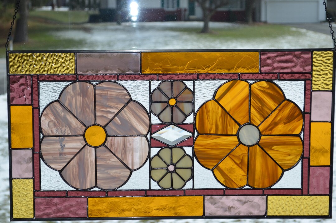Daisy Stained Glass Window Panel Handmade Gold Purple Yellow Mauve ...