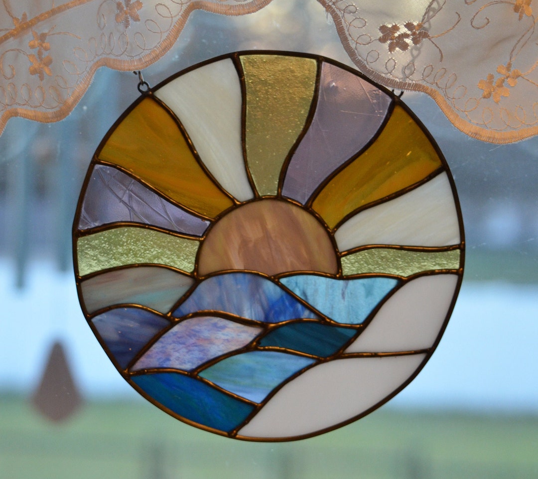 Round Stained Glass Panel Handmade Sun Sunrise Sunset Over Ocean Beach ...
