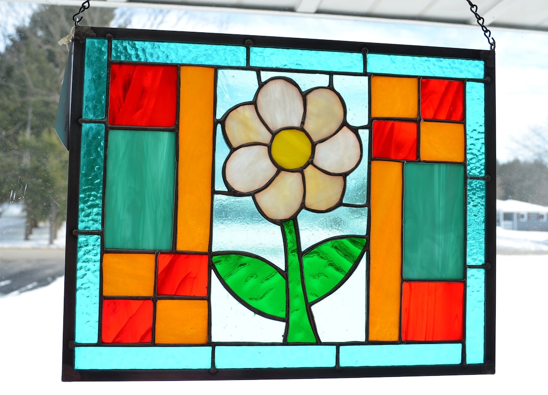 Large Daisy Stained Glass Panel Handmade Vintage Retro Daisy Flower ...