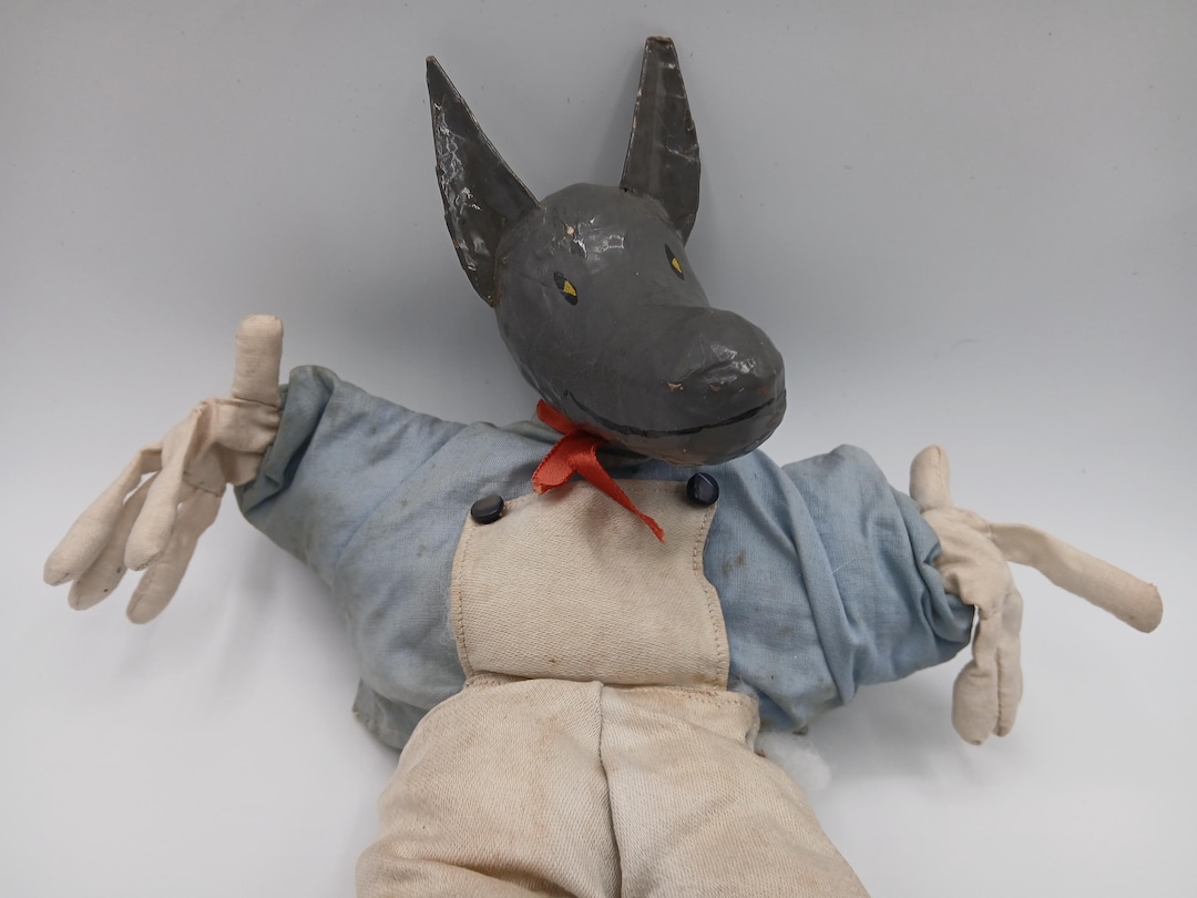 Antique Hand Puppet Hand Made Paper Mache Wolf Doll Animal With ...