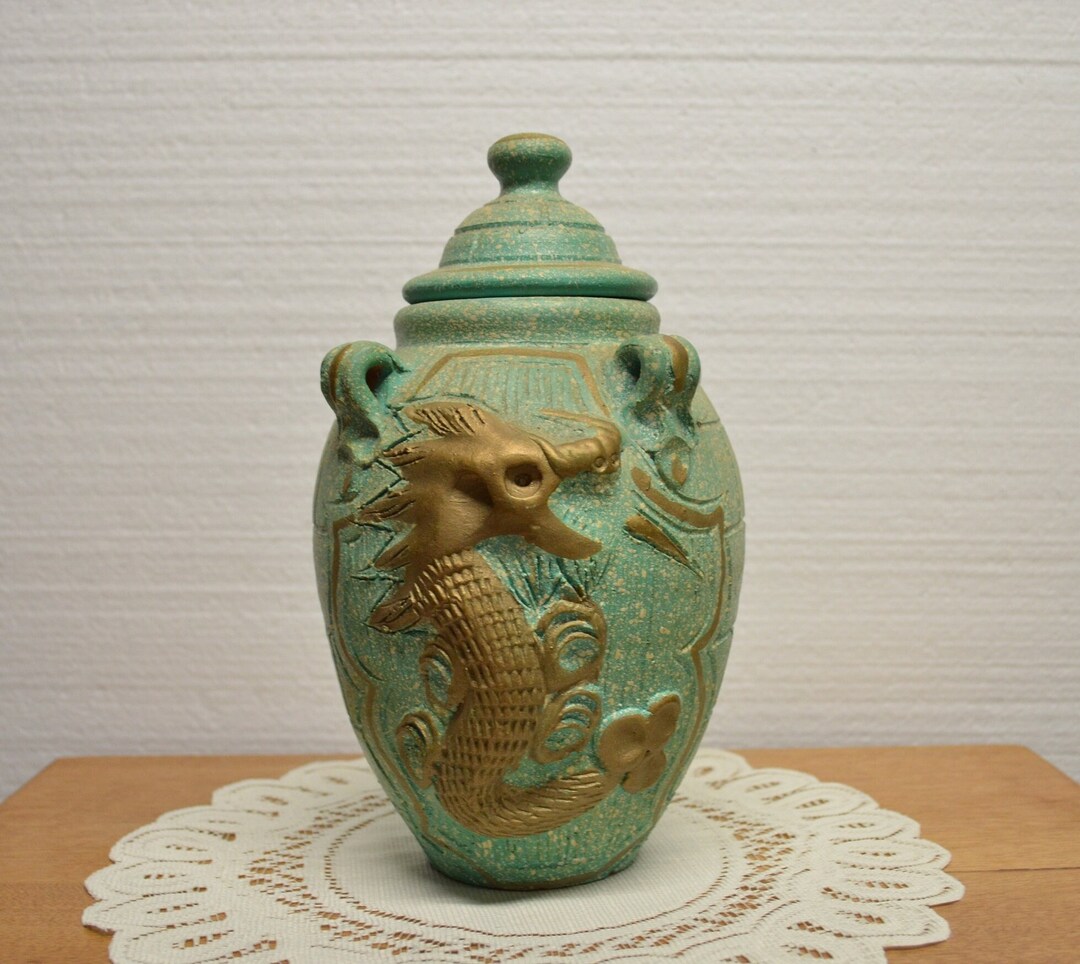 Asian Dragon Terracotta Pot Lidded Urn Robin Egg Turquoise Green and ...
