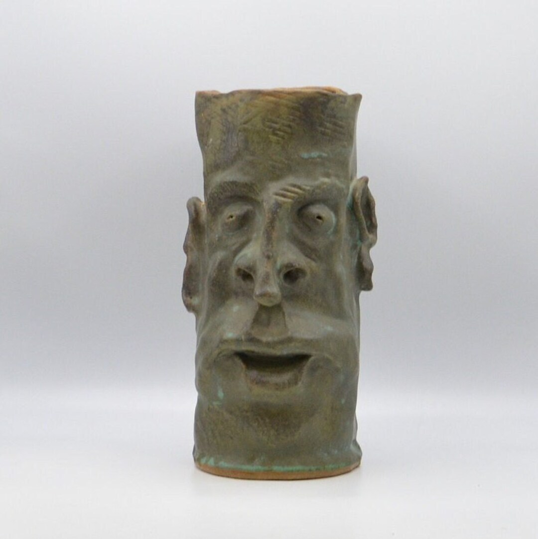 RK Signed High Fire Hand Built Slab Construction Pottery Face Ugly Vase ...