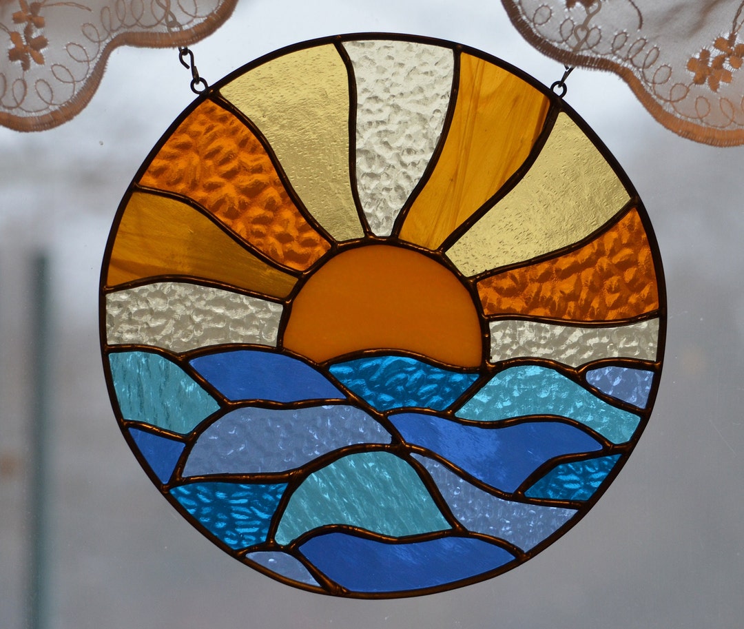 Round Stained Glass Panel Handmade Sun Sunrise Sunset Over the Ocean ...