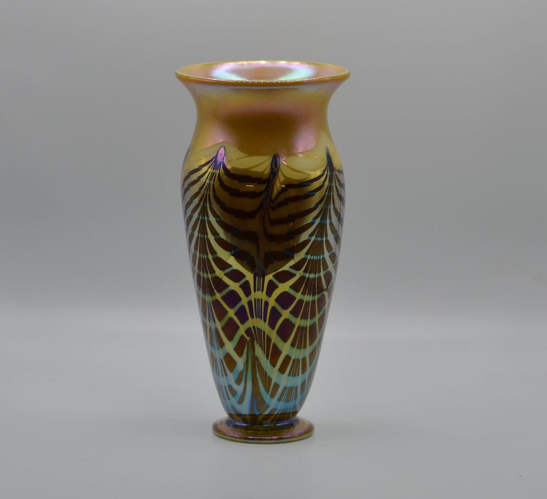 Rick Strini Signed Large Art Glass Pulled Feather Amber Iridescent ...