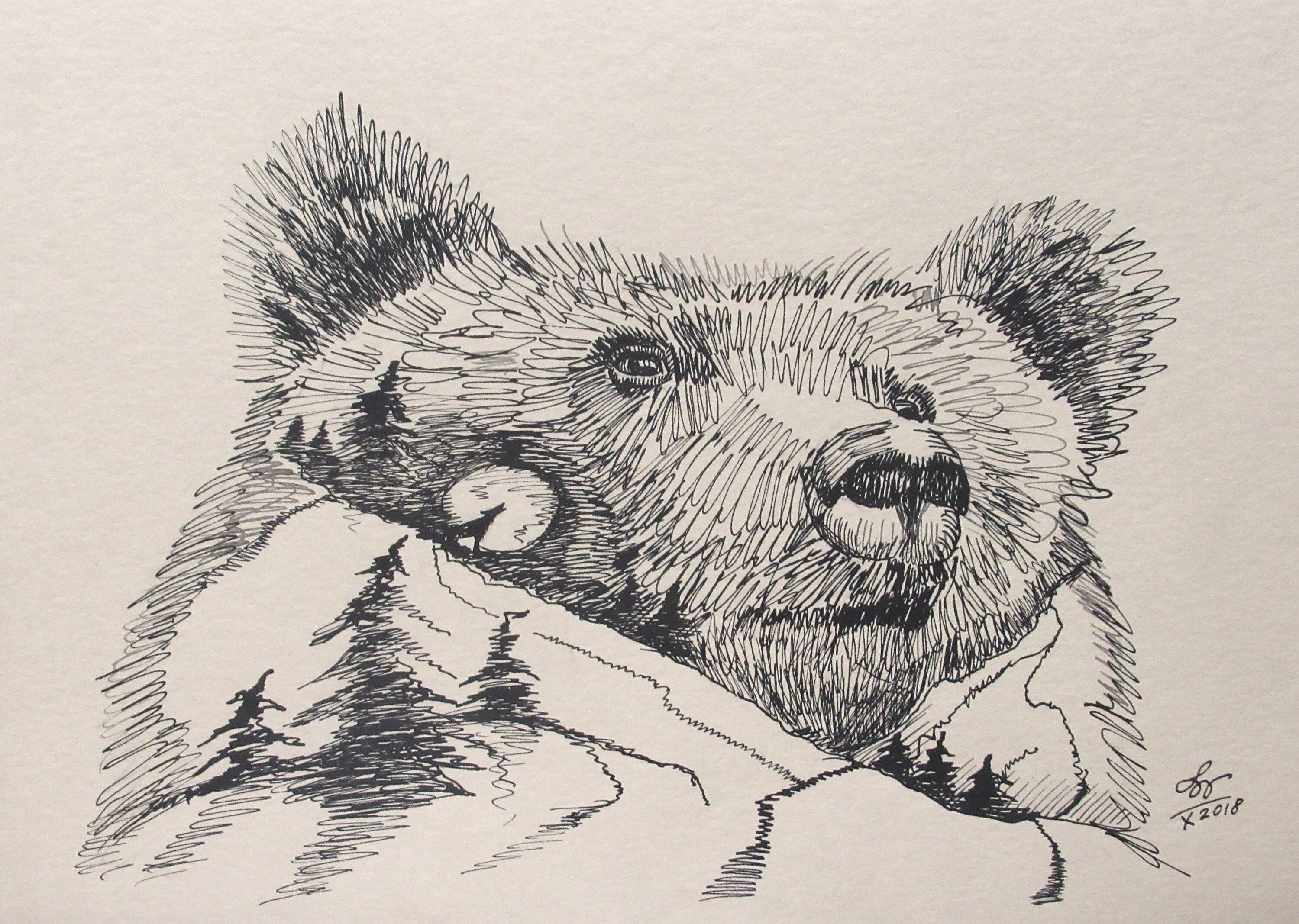 Bear original artwork pen ink drawing abstract woodland | Etsy