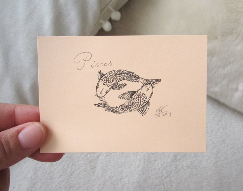 Zodiac Pisces Original Ink Drawing Miniature Astrology | Etsy