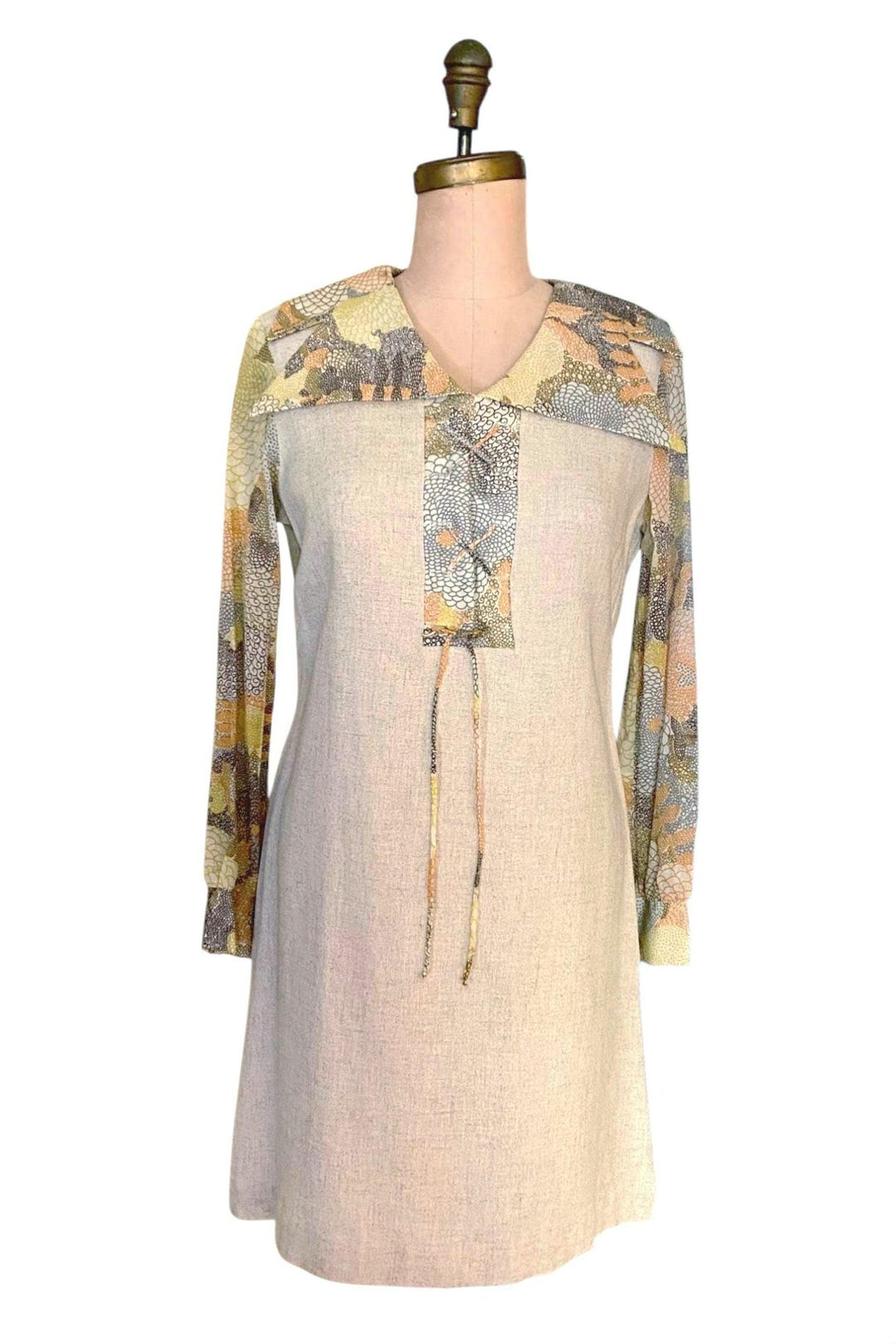 1960s Mod Linen Dress With Sheer Sleeves and Psychedelic Print ...