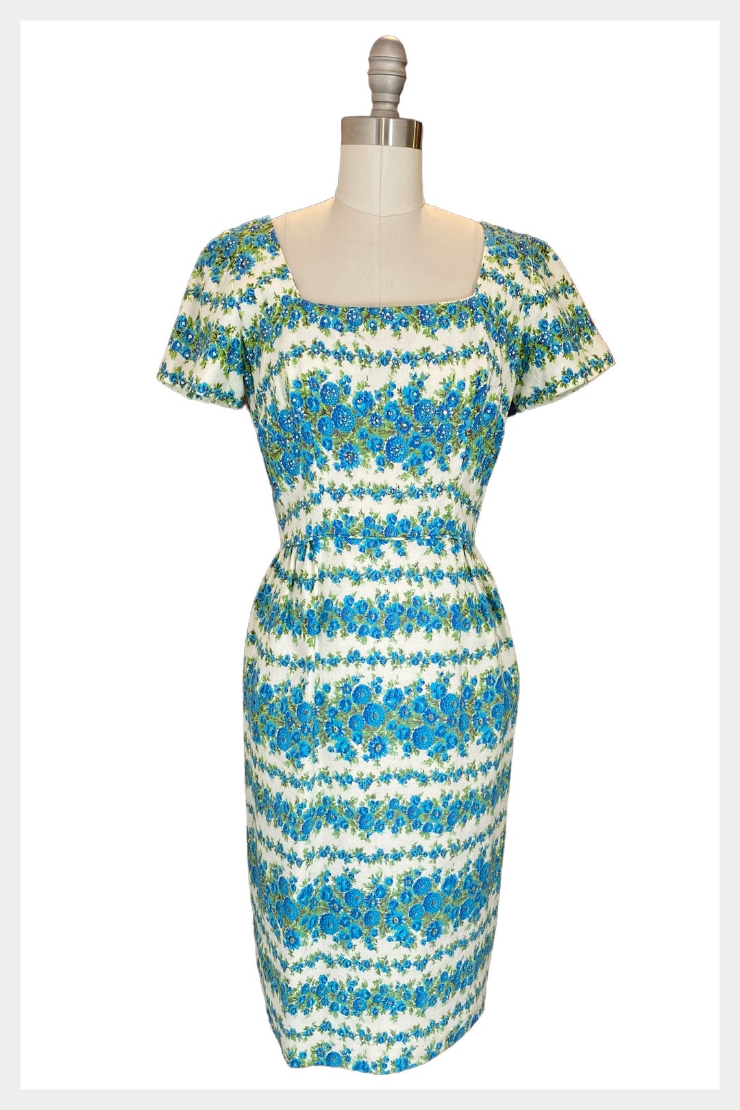1960s Nat Kaplan Wiggle Dress 60s Blue and White Floral Print With Blue ...