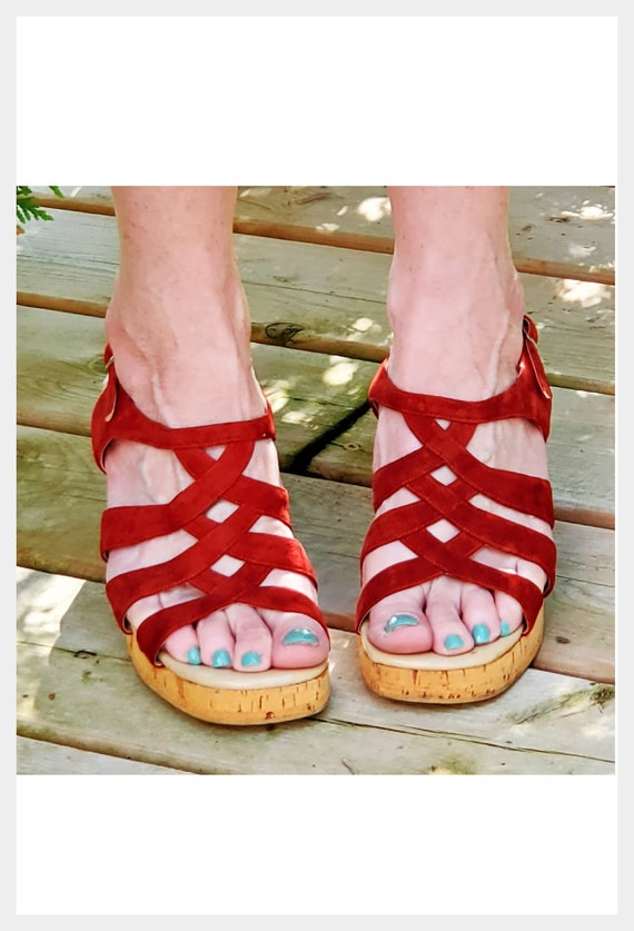 1970s Volpini red suede & cork sole platform Italian … - Gem