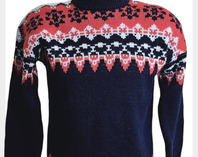 1990s Parvilla Made in Finland Wool Sweater Vintage Navy and Orange 90s ...