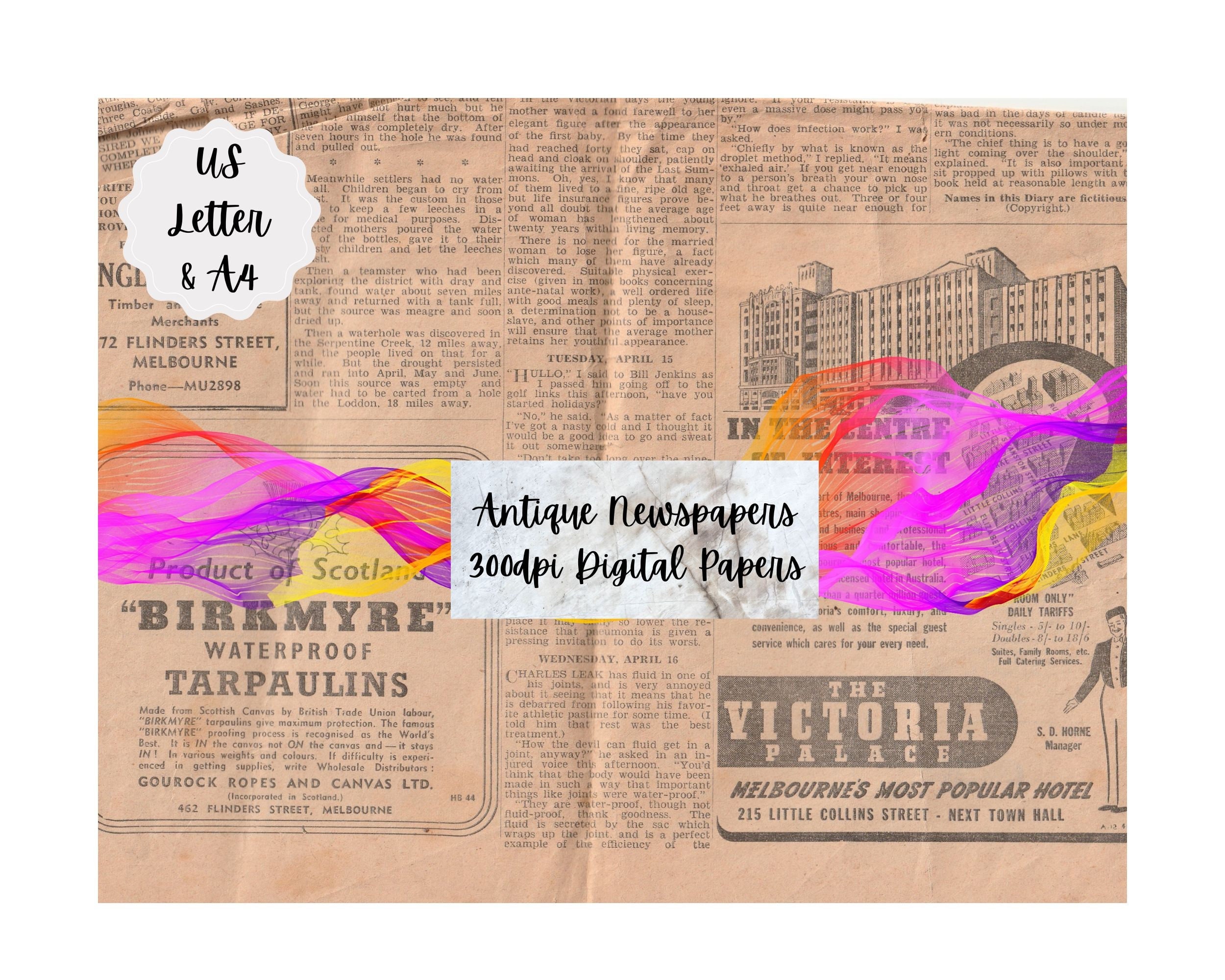Old Newspaper Digital Papers, A4 and US Letter, Vintage Newsprint and ...