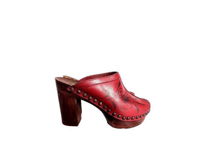 Vintage 60s 70s Women's Clogs Red Leather Studs EU 38 US Wo's 7.5 Black ...