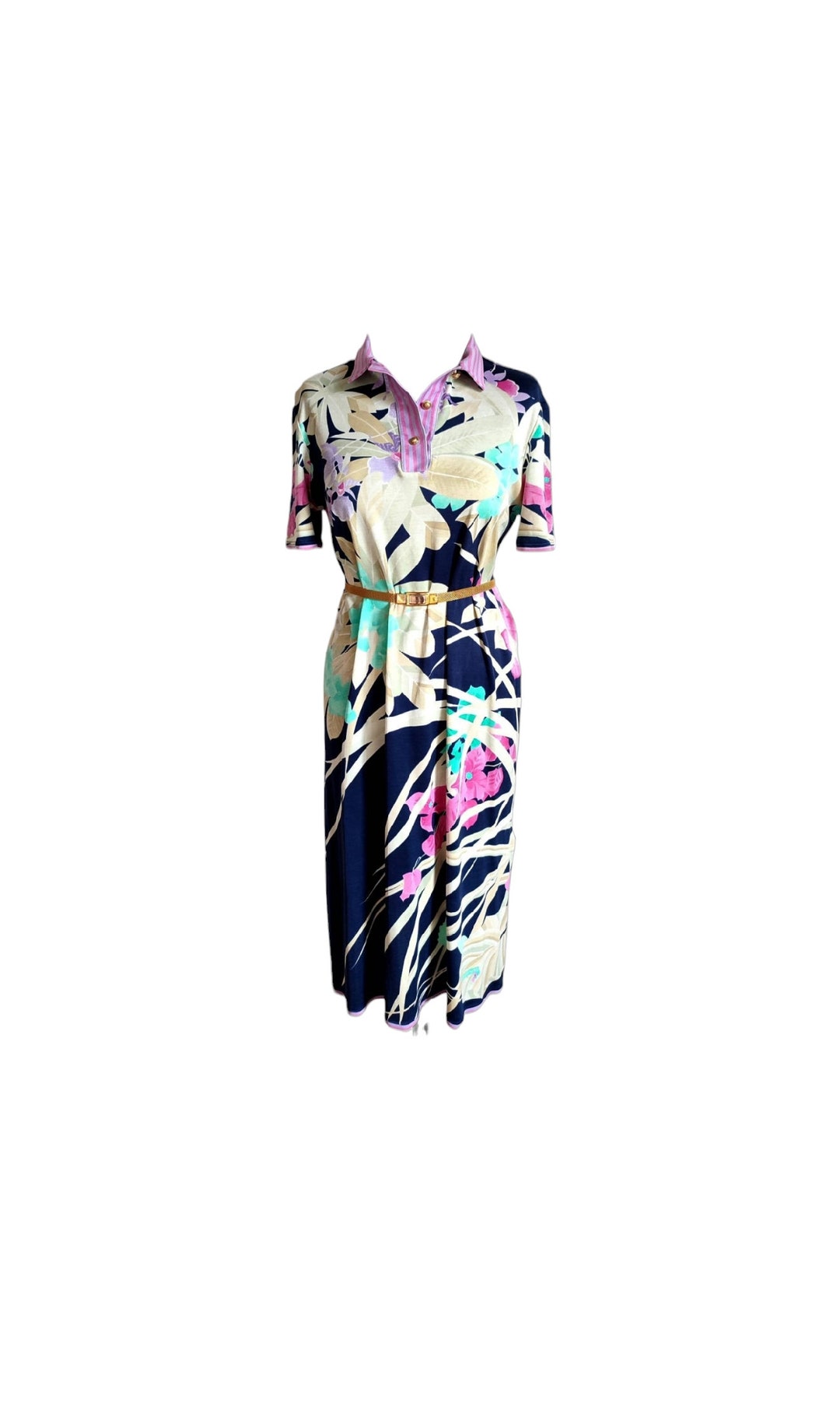 Leonard Vintage 70's Dress Flowers Leaves Blue Fuchsia Green Beige ...