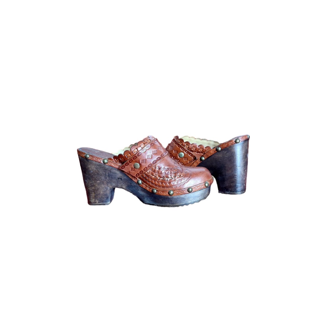 60s/70s Handcrafted Brown Embossed Leather Clogs With Studs Eu 38 UK 5 ...