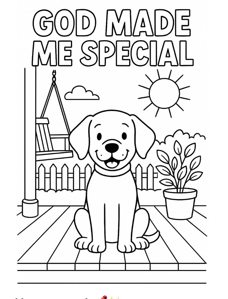 God Made Me Special Coloring Page – Cute Porch Dog Scene – Christian ...