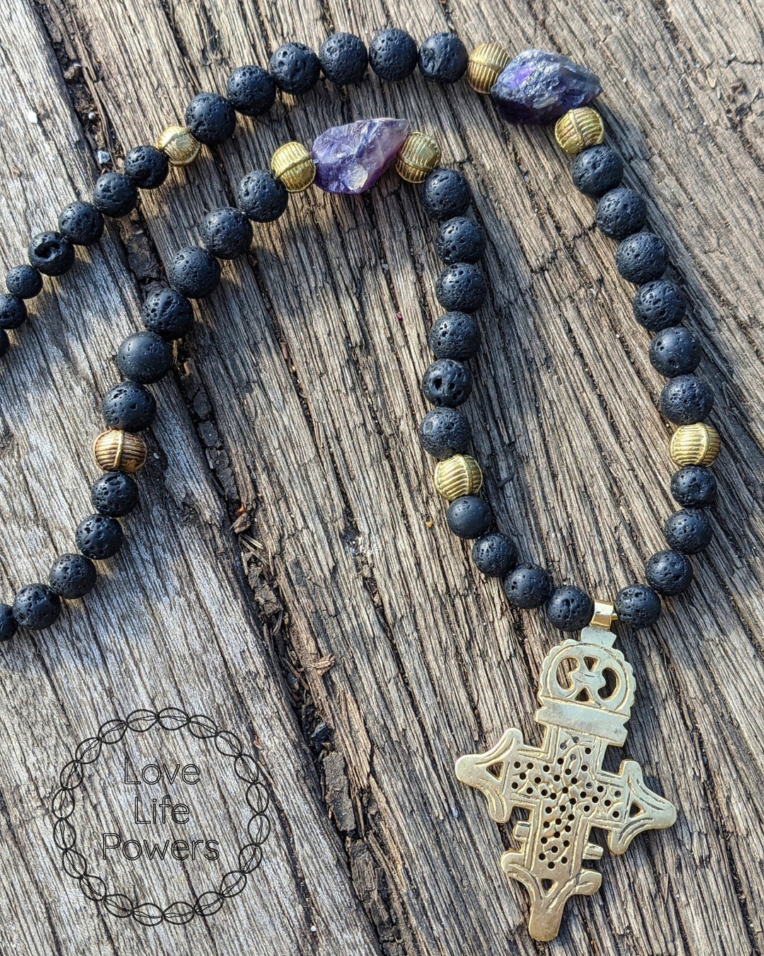 Amethyst & Brass Bead Necklace: Ethiopian Meskel Cross Chain - Etsy