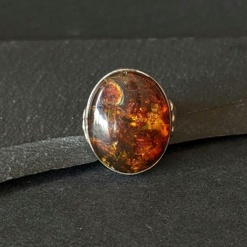 Handmade Baltic Amber Sterling Silver Ring, Leaf Detail, US Size 10 1/4 ...