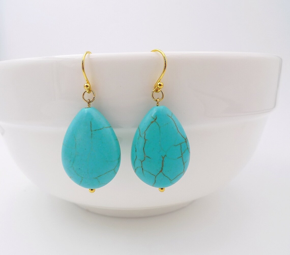 Turquoise Drop Earrings Tear Drop Earrings Gold and - Etsy