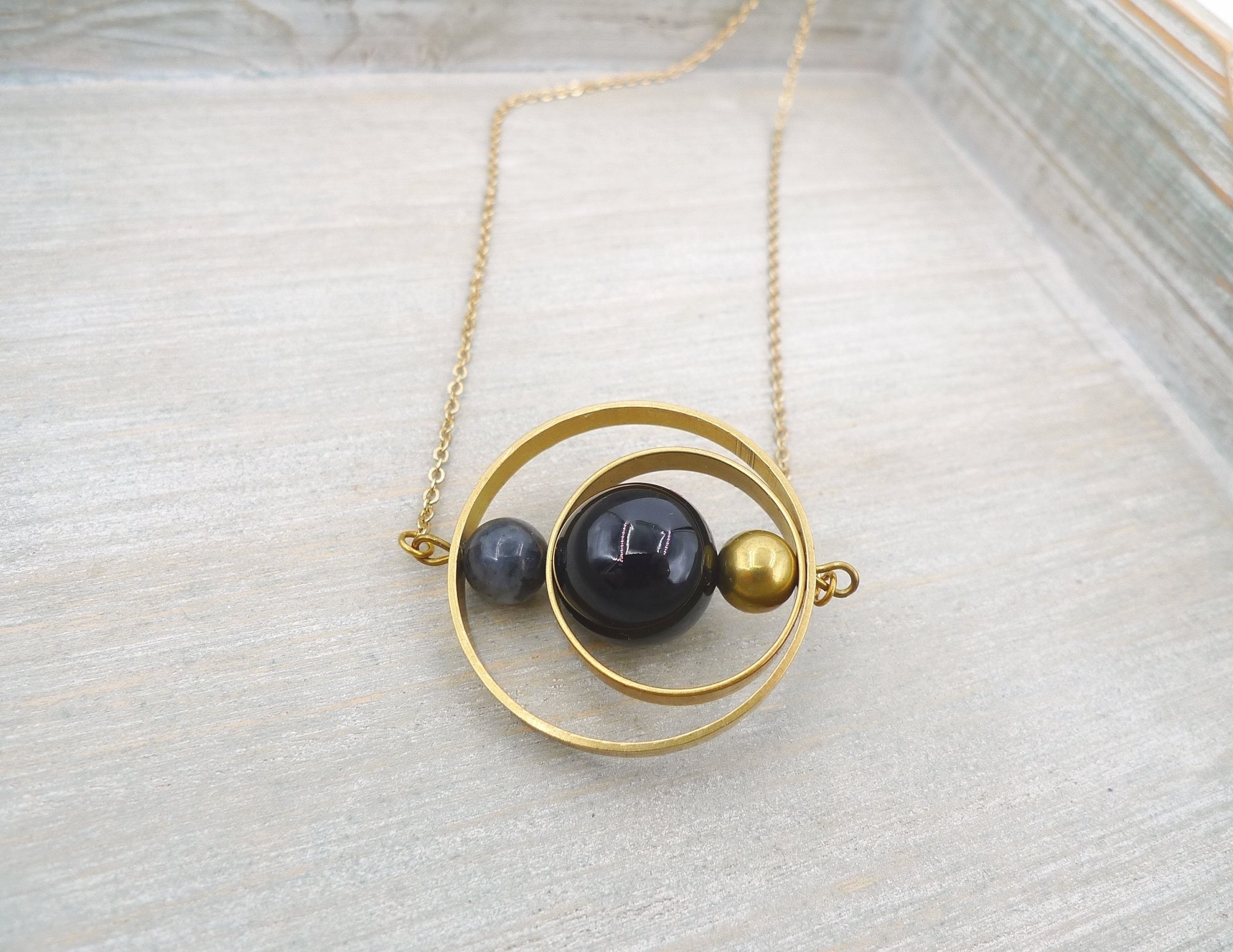 Long Necklace, Planet Necklace, Black Agate and Raw Brass Necklace ...