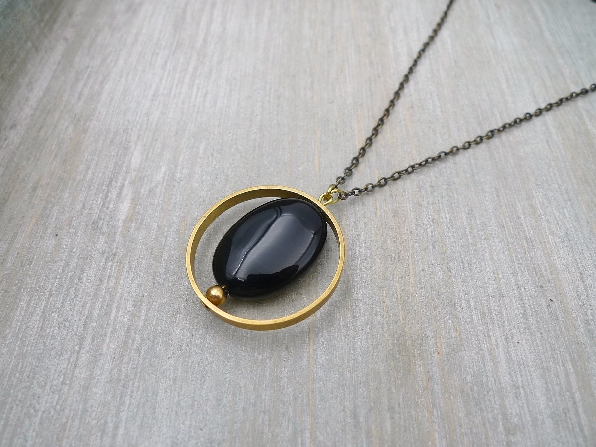Long Onyx necklace Onyx and raw brass necklace Black agate | Etsy
