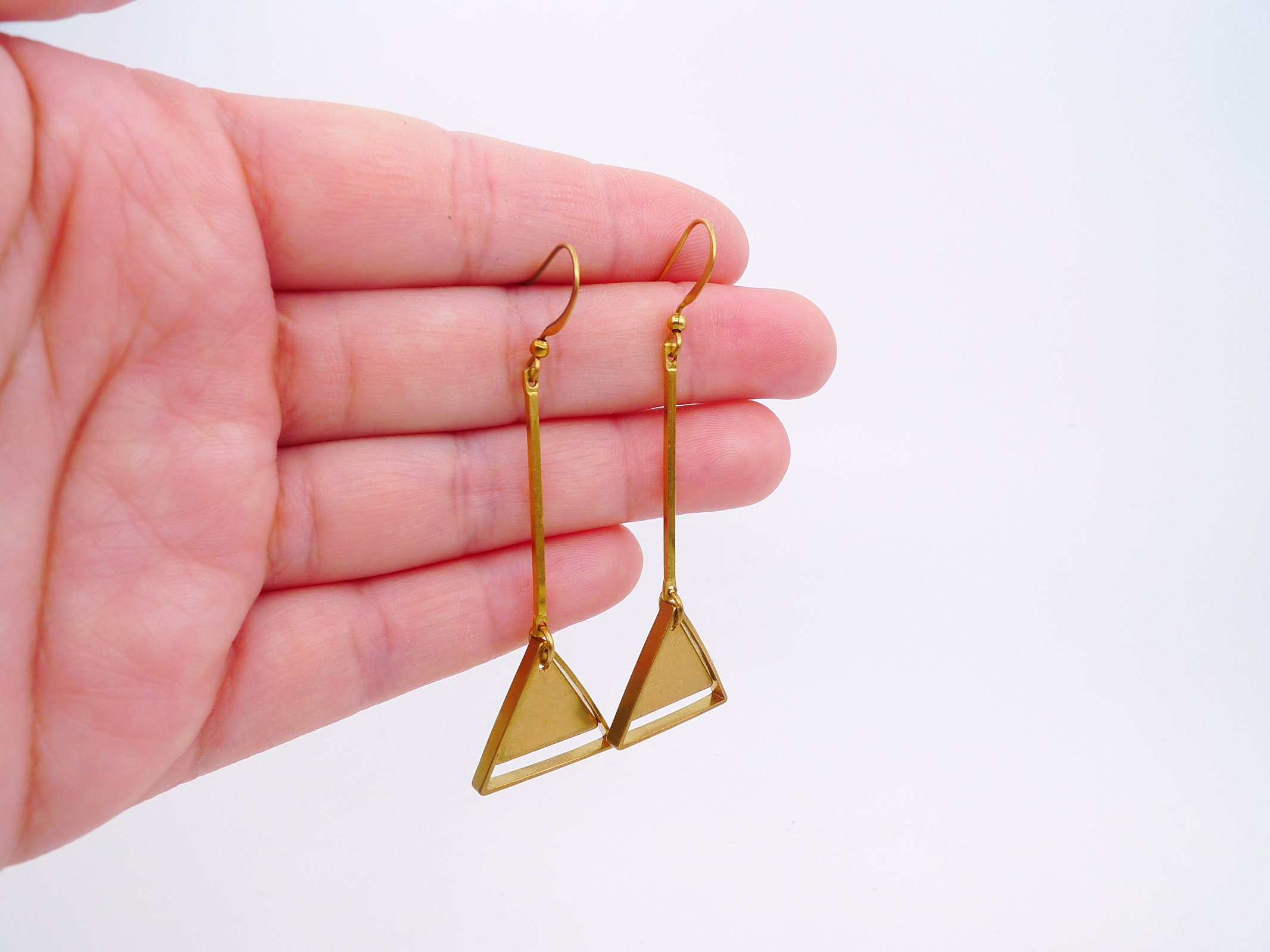 Raw Brass Drop Earrings, Long Slim Earrings, Triangle Drop Earrings ...