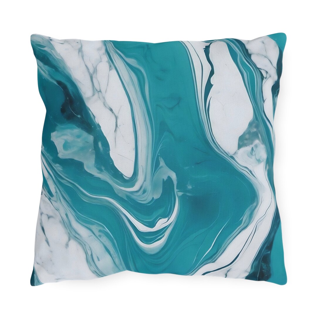 Aqua and White Marble Outdoor Cushion, Aqua Marble Pillow, Waterproof ...