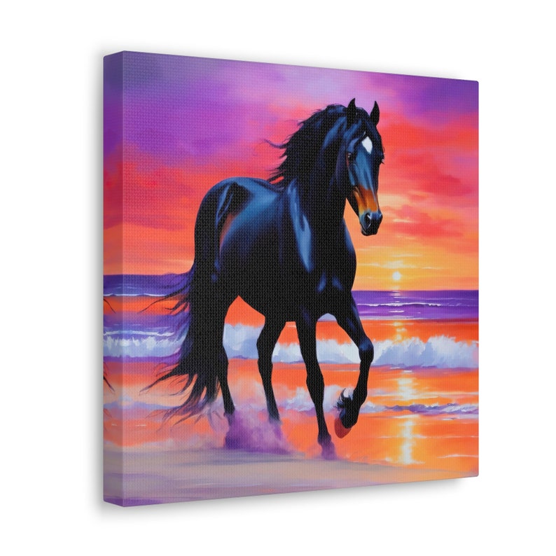 Black Stallion on the Beach at Sunset Canvas Wall Art, Black Horse ...
