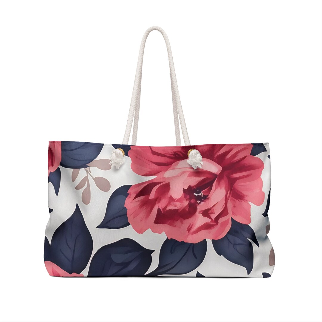 Pink Floral Rope Handle Weekender Bag, Pink Floral Rope Handle Beach ...