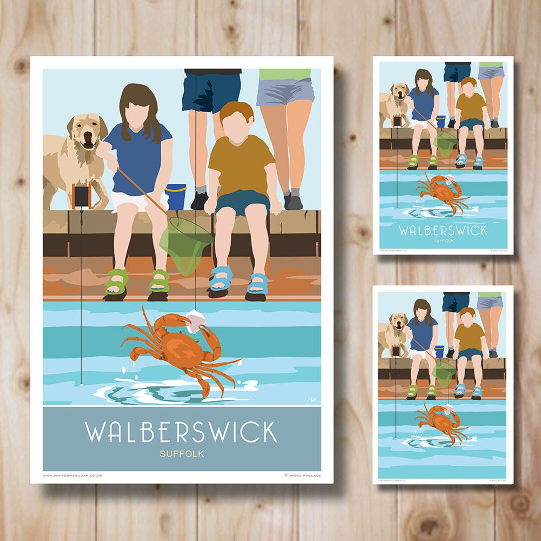Walberswick Crabbing Poster, Portrait, in Retro, Art Deco Style Design ...