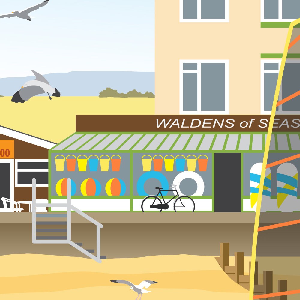 Seasalter Beach. Art Deco style print of Seasalter beach | Etsy