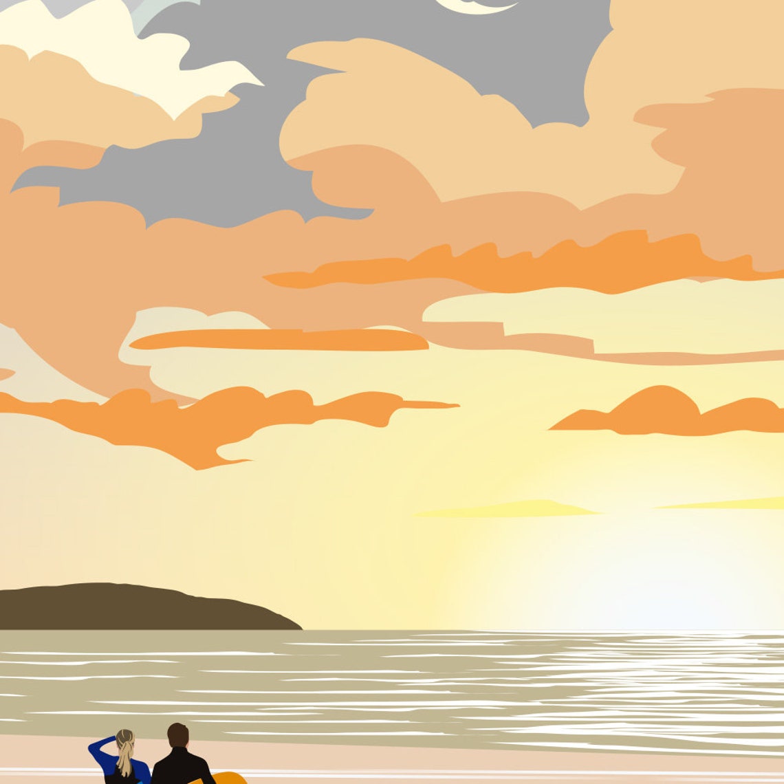 Woolacombe Bay Beach Sunset, North Devon. Travel Poster A4, A3, A2, A1 ...