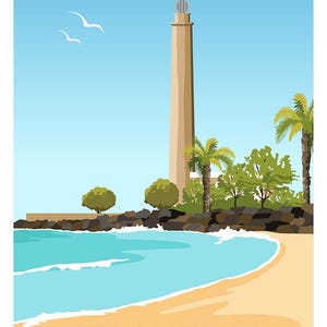 Meloneras Lighthouse Travel Poster, Beach, Gran Canaria, Canary Islands ...
