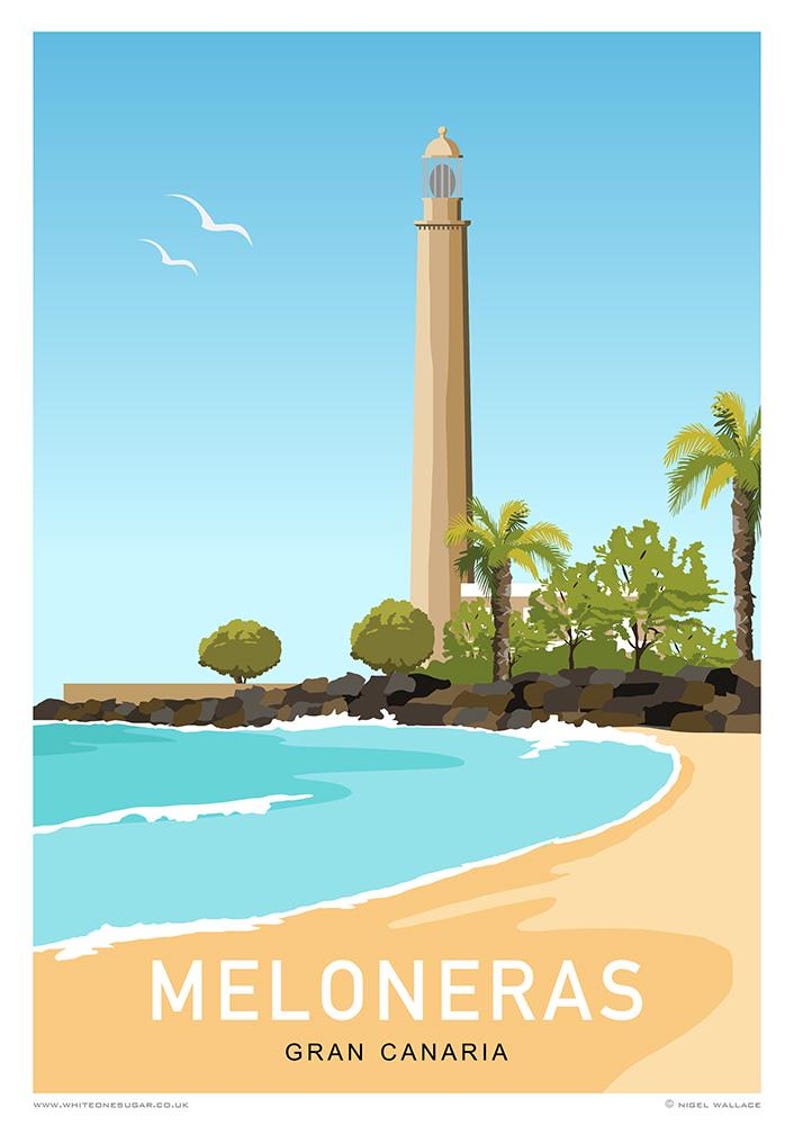 Meloneras Lighthouse Travel Poster, Beach, Gran Canaria, Canary Islands ...