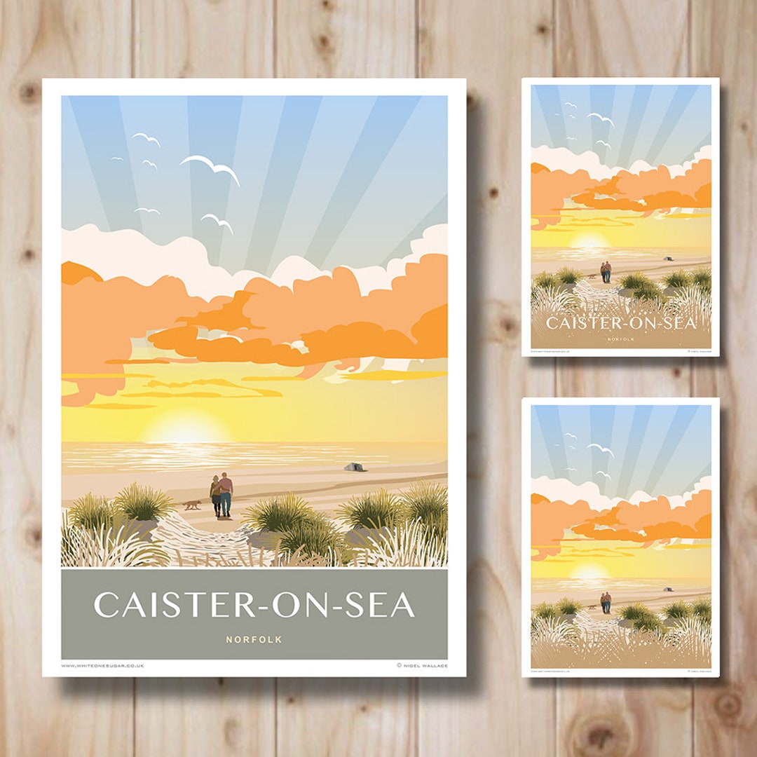 Caister on Sea Beach Sunrise, Norfolk Coast. Portrait, Retro, Art Deco ...