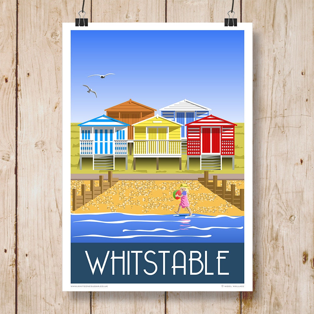 Whitstable Beach Huts. Travel Poster of Tankerton Slopes, Kent Coast ...