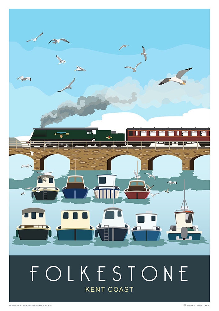 Folkestone Harbour Bridge and Steam Train. A4, A3, A2, A1 in Retro, Art ...
