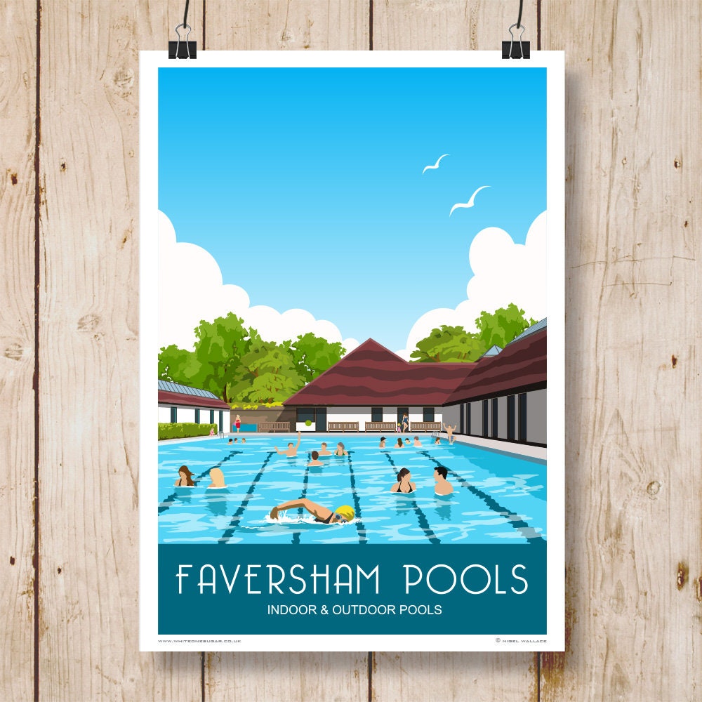 Faversham Swimming Pools. Art Print Travel Poster. in A4, A3, A2, A1 ...