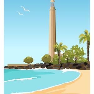 Meloneras Lighthouse Travel Poster, Beach, Gran Canaria, Canary Islands ...