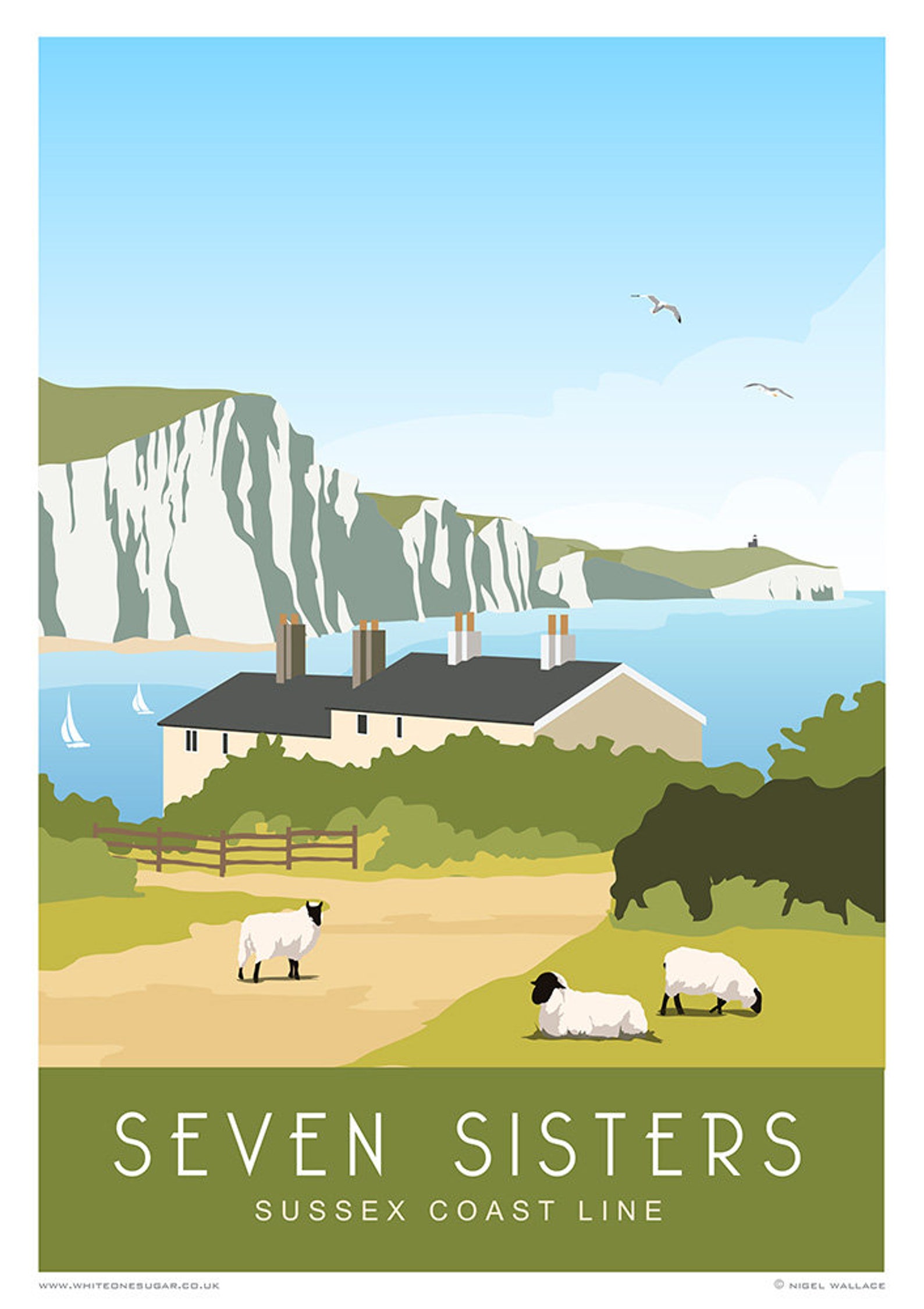 Seven Sisters. Art Print, Travel Poster of the Seven Sisters, Sussex ...