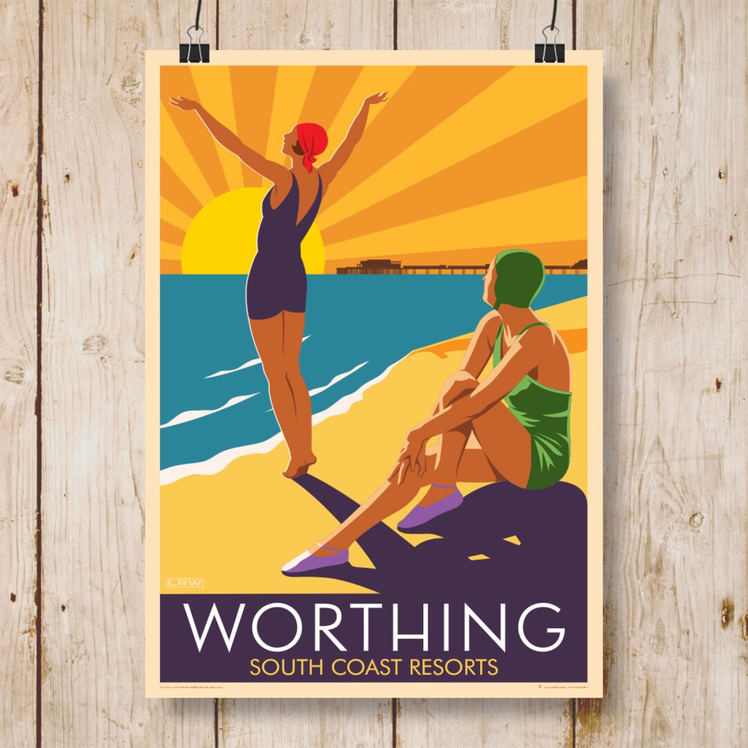Worthing Retro Poster, Sussex. A4, A3, A2, A1 in Retro, Art Deco Style ...