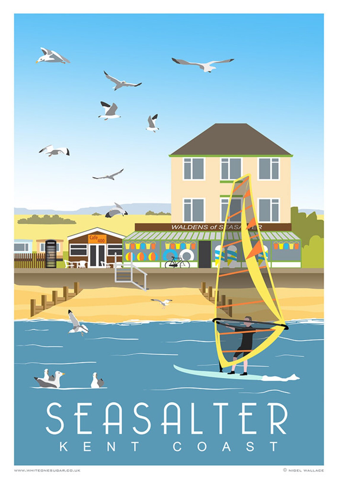 Seasalter Beach. Art Deco style print of Seasalter beach | Etsy