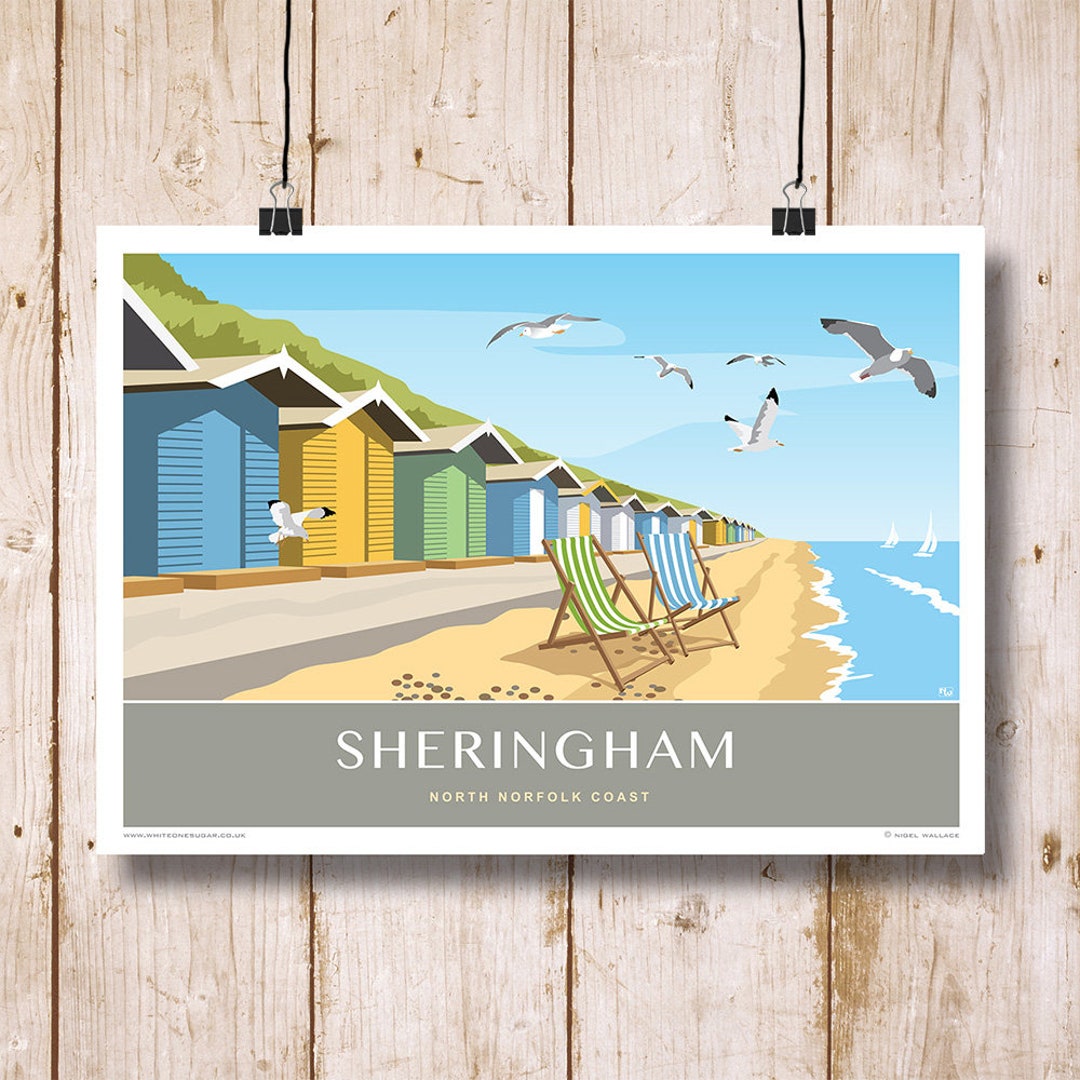 Sheringham Beach Huts Landscape. Modern Travel Poster, North Norfolk ...